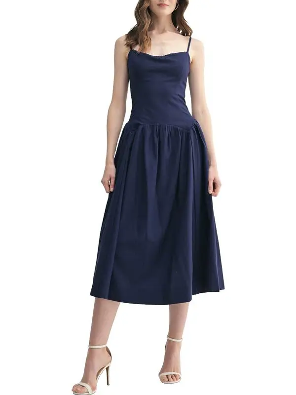 ALL IN FAVOR Drop Waist Cotton & Linen Midi Dress - Navy