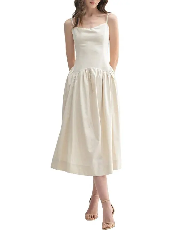 ALL IN FAVOR Drop Waist Cotton & Linen Midi Dress - Oatmeal
