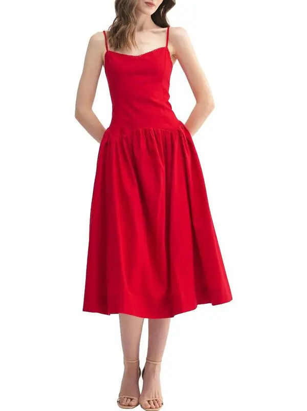 ALL IN FAVOR Drop Waist Cotton & Linen Midi Dress - Red