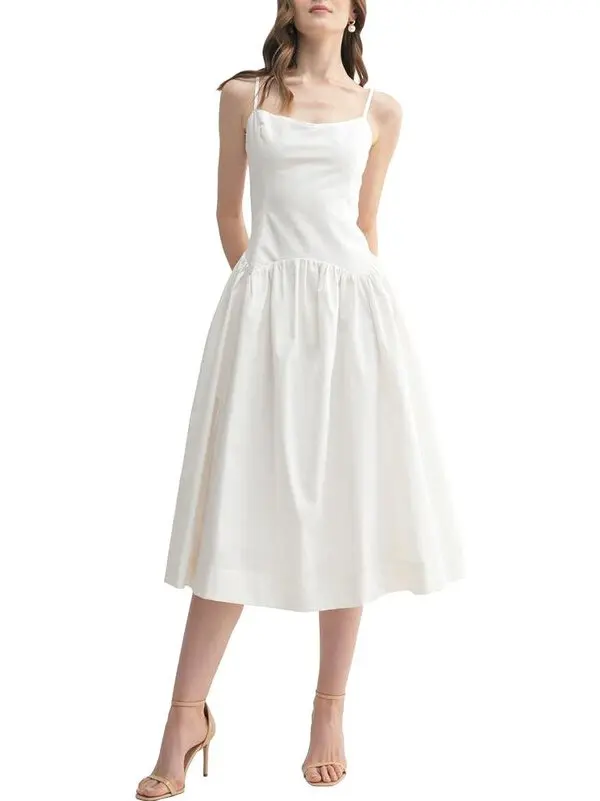 ALL IN FAVOR Drop Waist Cotton & Linen Midi Dress - White