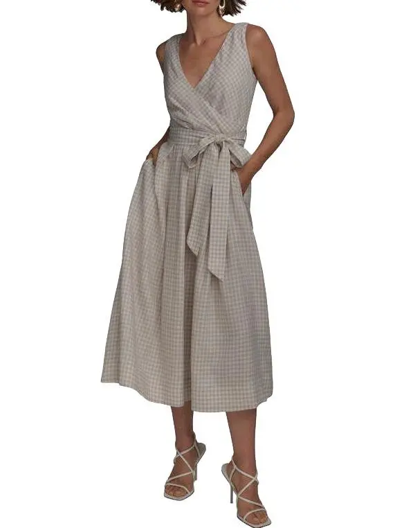 Donna Karan New York Gingham Linen Blend Faux-wrap Midi Dress - Tuscan Grey
