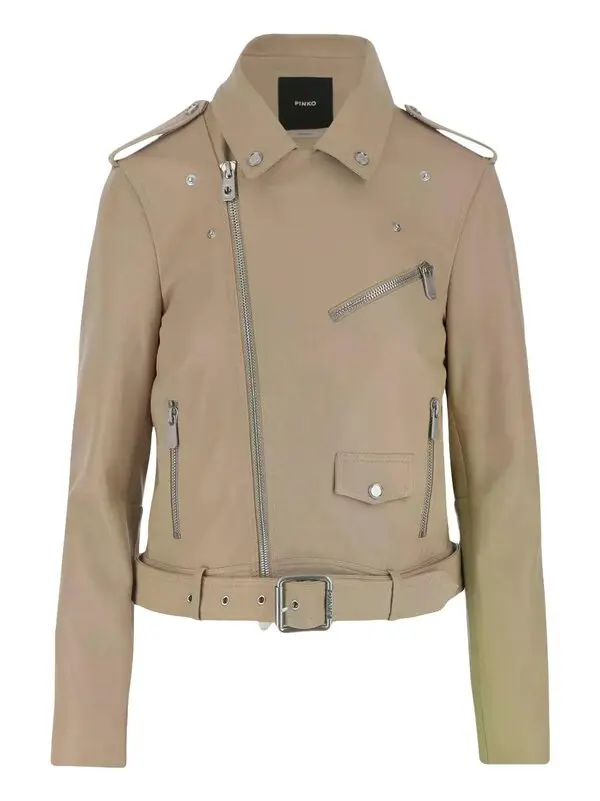 Pinko Leather Biker Jacket - Neutrals