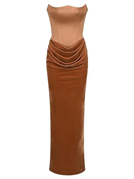 House Of Cb Persephone Corset Woven Maxi Dress - Toffee Velvet