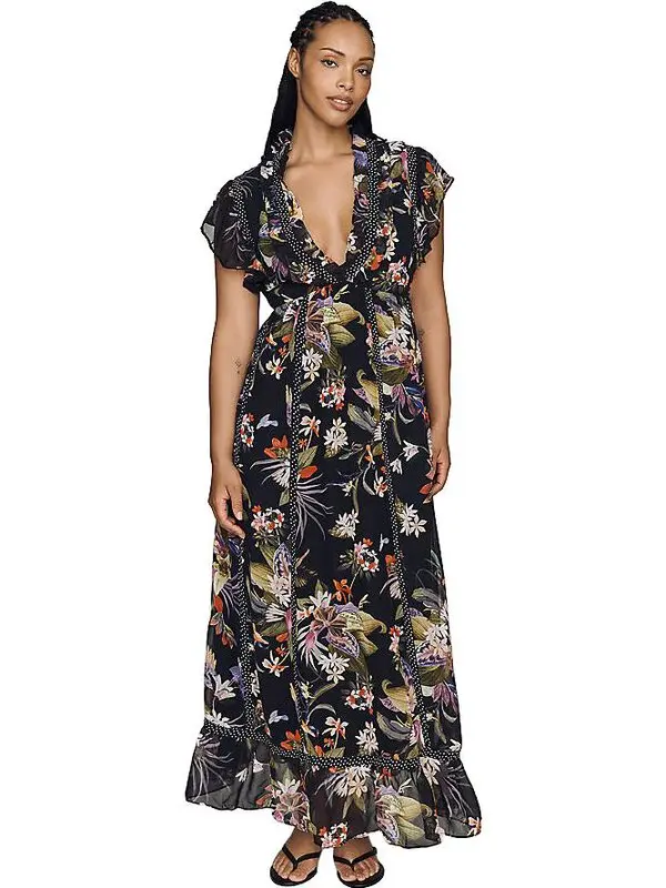 Maeve Short-sleeve V-neck Midi Dress - Black Floral