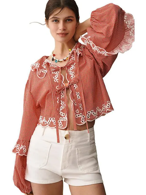 Maeve Long-sleeve Scallop Tie-front Blouse - Red Gingham