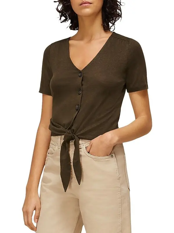 Whistles Linen Button Front Tie Top - Khaki