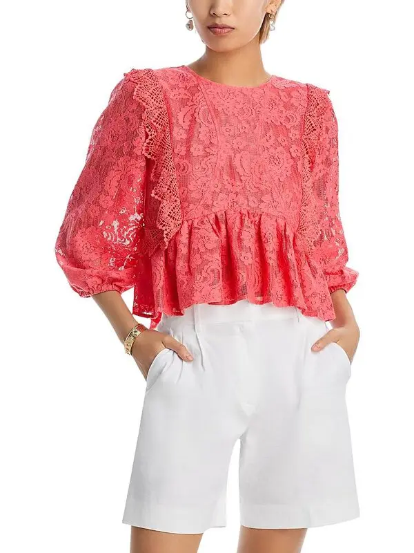 Aqua Lace Ruffle Blouse - Coral