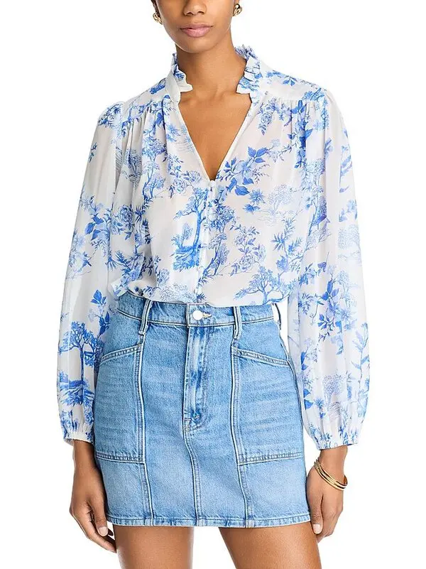 Aqua Toile Ruffle Blouse - White/blue