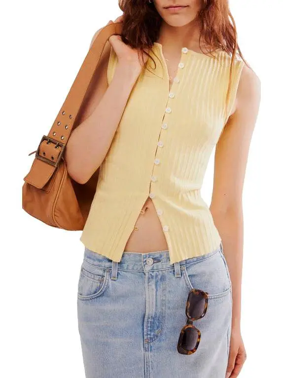 Free People Tilly Rib Button-up Top - Mellow Yellow