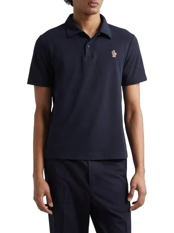 Moncler Logo Patch Nylon Piqué Polo - Navy Blue