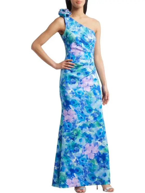 Eliza J Floral One-shoulder Mermaid Gown - Blue Multi