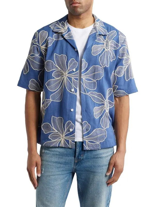 CORRIDOR Floral Appliqué Camp Shirt - Blue