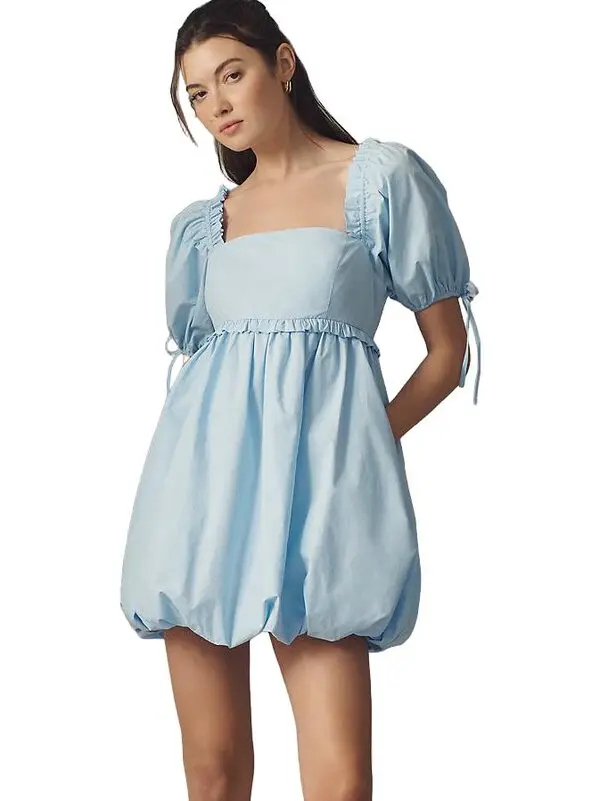 English Factory Puff-sleeve Square-neck Mini Dress - Blue