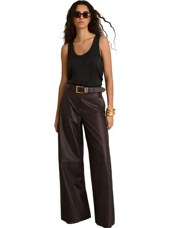 REISS Mercey Leather Wide Leg Trousers - Chocolate