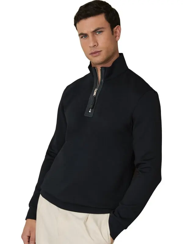 REISS Hale Leather-placket Interlock Jumper - Navy Blue