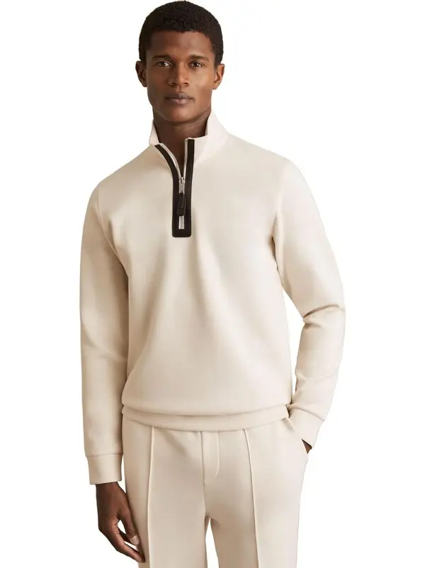 REISS Hale Leather-placket Interlock Jumper - Off White