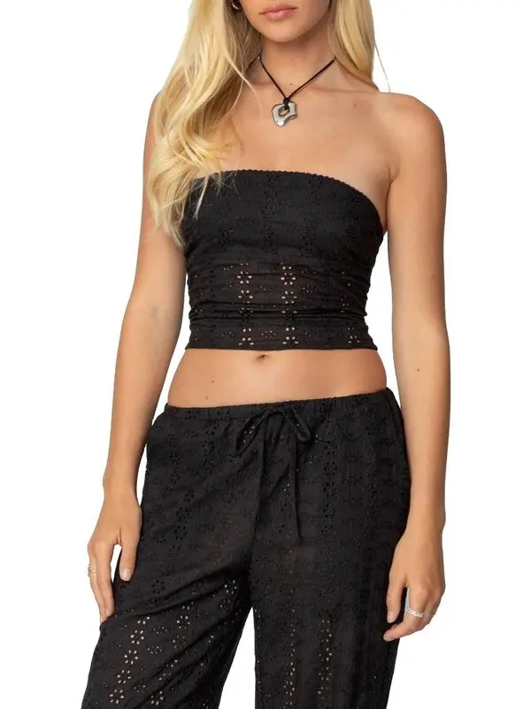 EDIKTED Eyelet Lace-up Corset Tube Top - Black