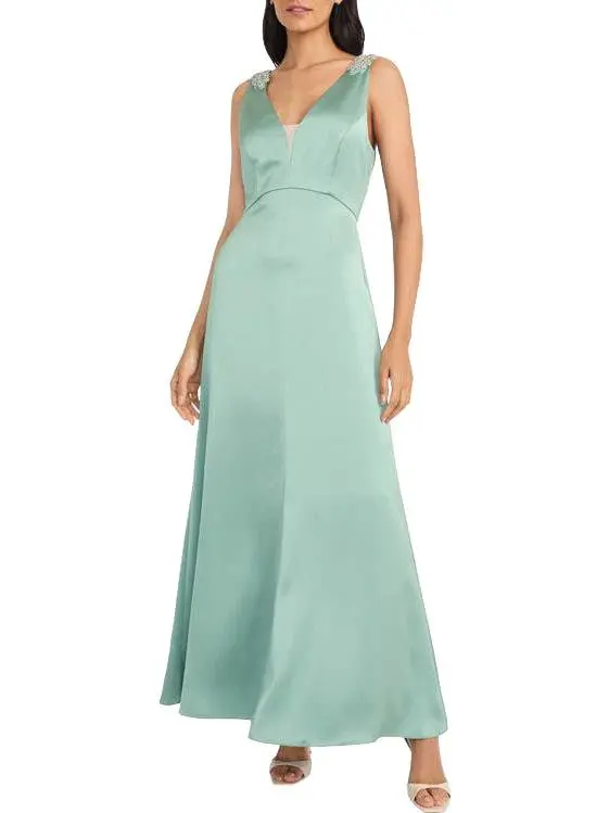 Maggy London Rhinestone Trim Satin Gown - Jade/ Dsage