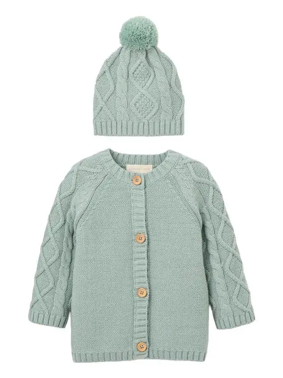 ELEGANT BABY Diamond Cable Stitch Cotton Blend Cardigan & Hat Set - Sage Green