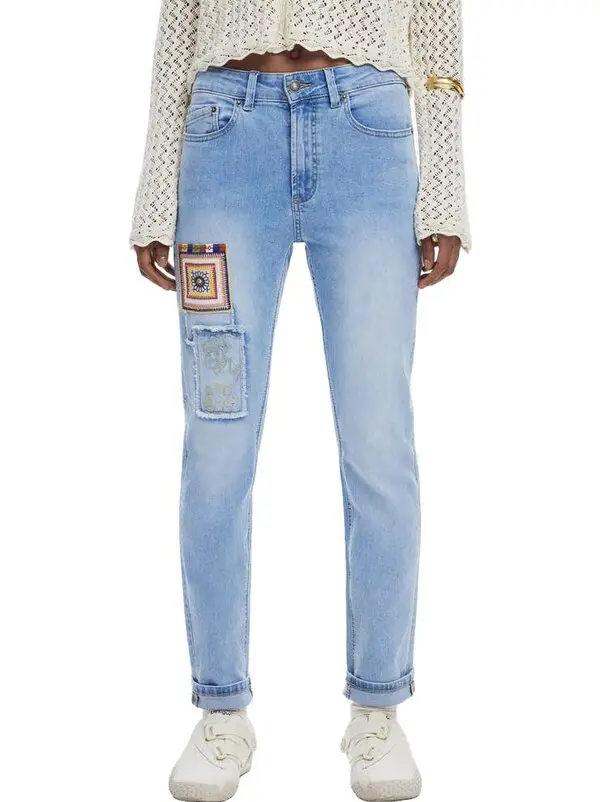 Desigual Embroidered Patch Skinny Jeans - Light Blue