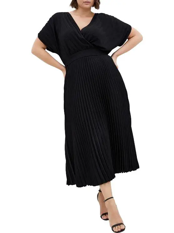 City Chic Elia Faux Wrap Pleated Dress - Black