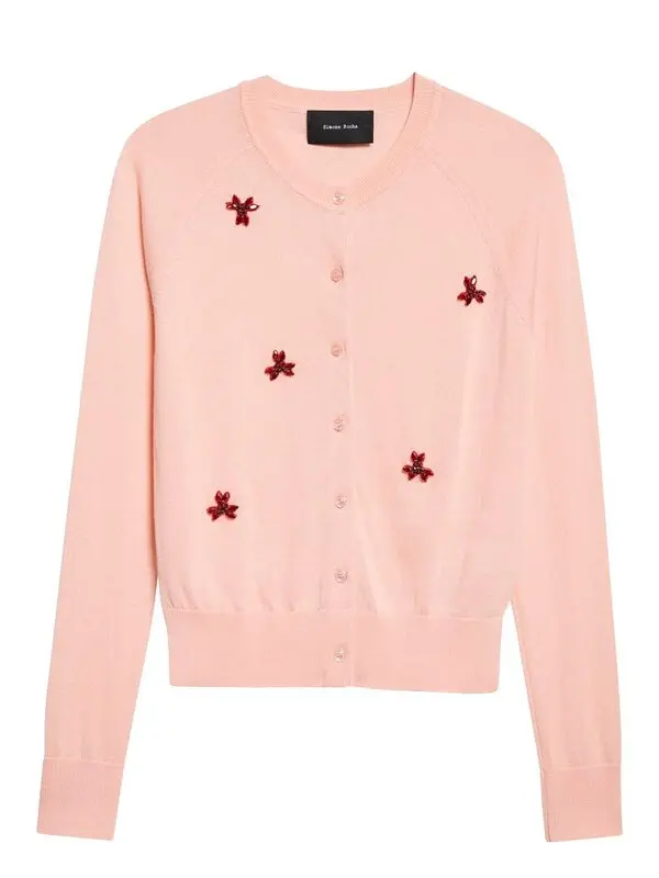 Simone Rocha Crystal Carnation Merino Wool & Silk Cardigan - Blush/red