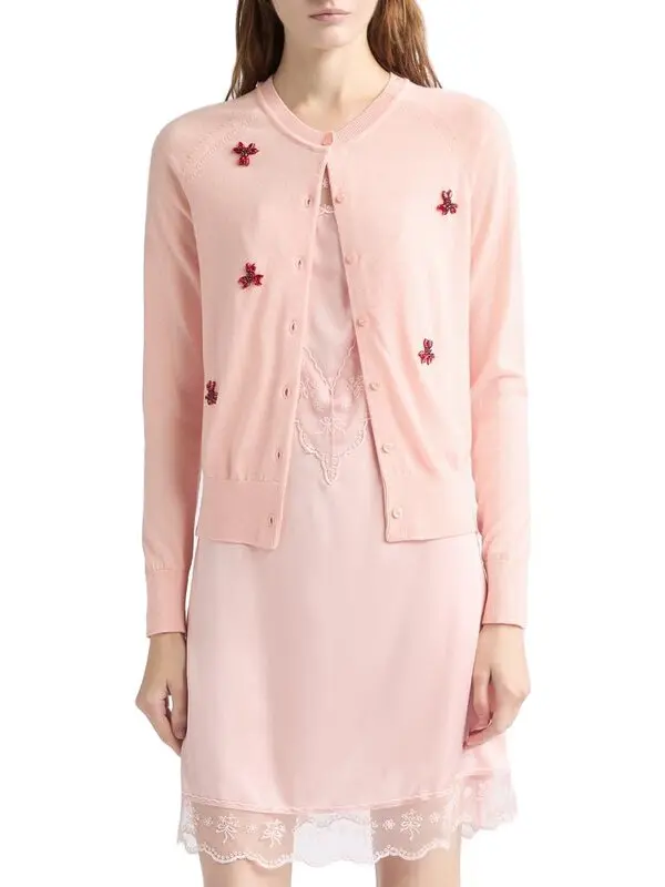 Simone Rocha Crystal Carnation Merino Wool & Silk Cardigan - Blush/red