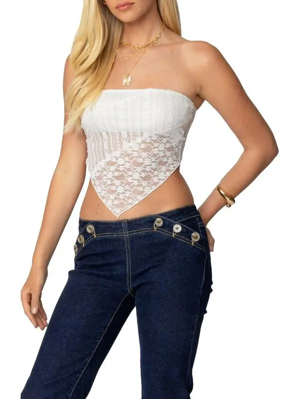 EDIKTED Mixed Lace Strapless Handkerchief Top - White