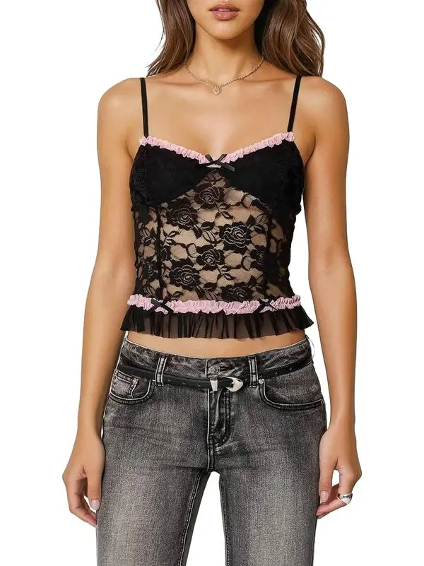 EDIKTED Ellen Sheer Lace Crop Camisole - Black
