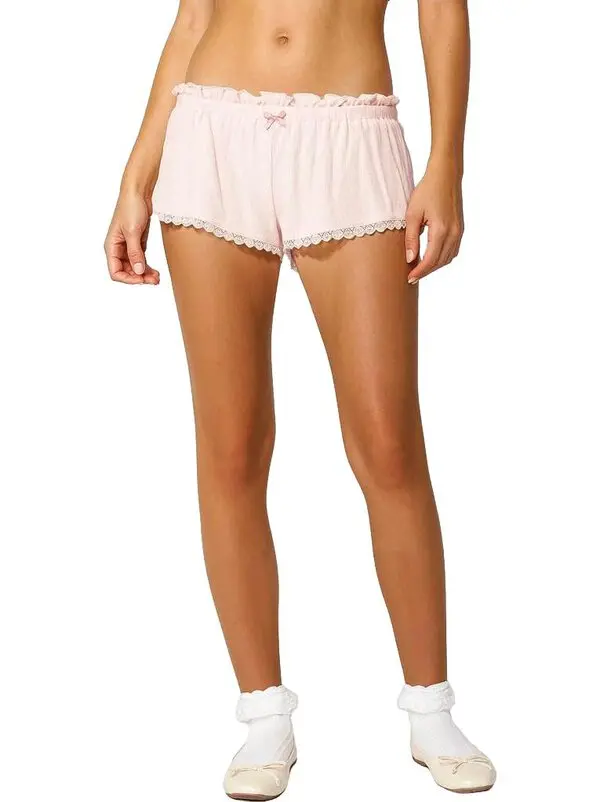 EDIKTED Waffle Knit Ruffle Shorts - Pink