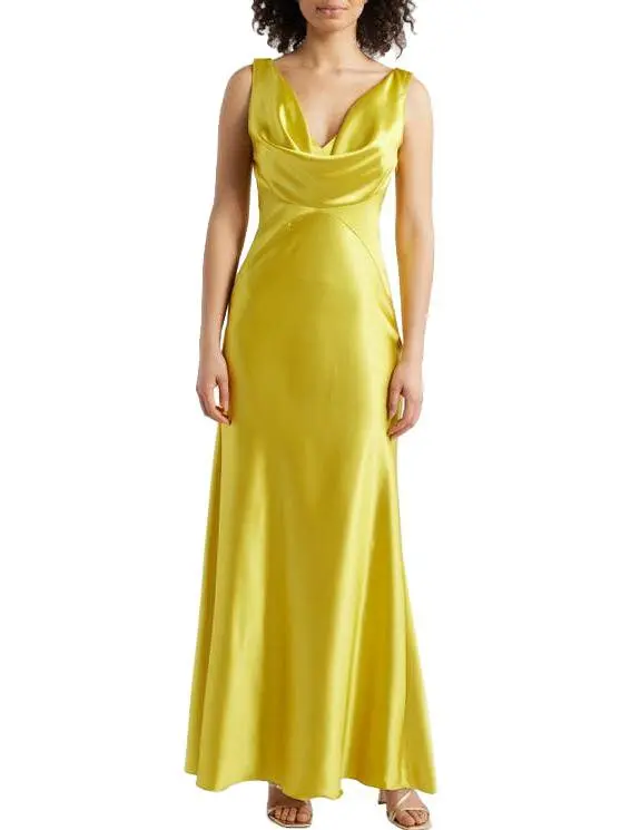 Vince Camuto Draped Neck Satin Gown - Citron
