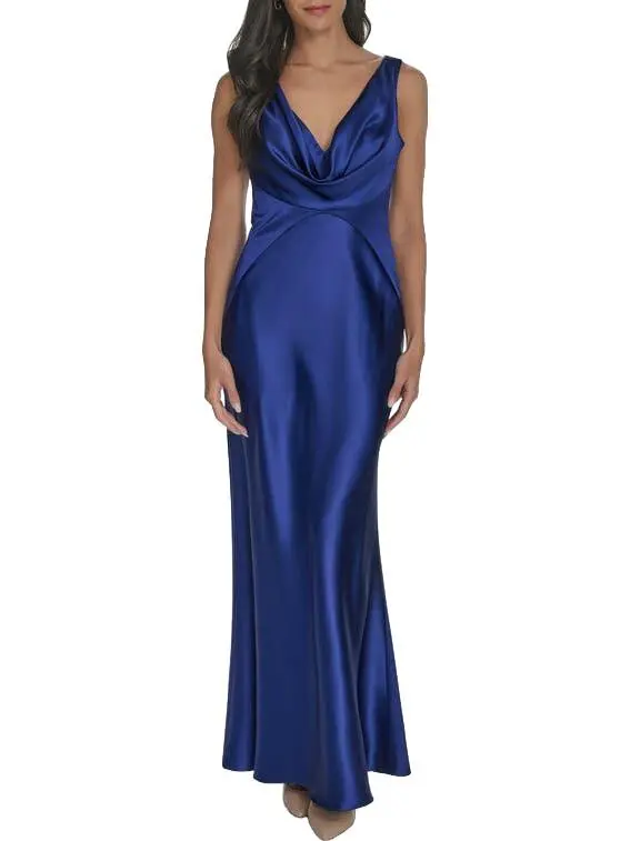 Vince Camuto Draped Neck Satin Gown - Cobalt