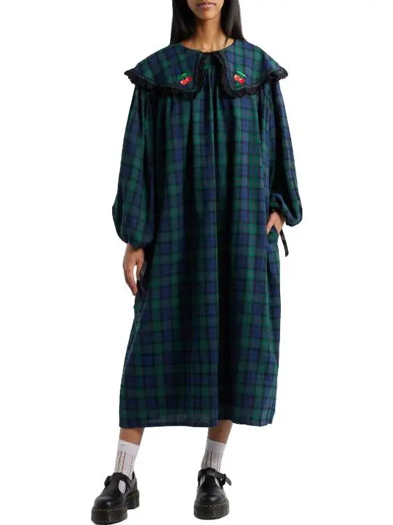DRESSED IN LALA Long Sleeve Plaid Maxi Dress - Green Plaid