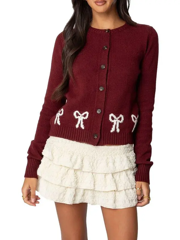 EDIKTED Rona Intarsia Bow Cardigan - Burgundy