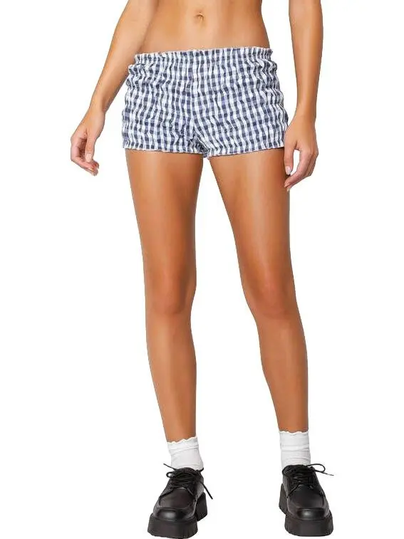 EDIKTED Gingham Smocked Microshorts - Navy
