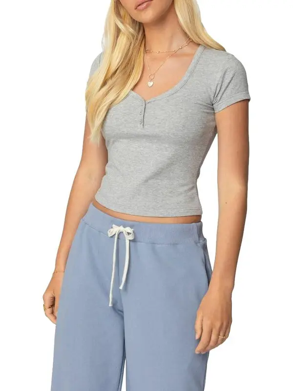 EDIKTED Katerina Henley Crop Top - Gray-melange