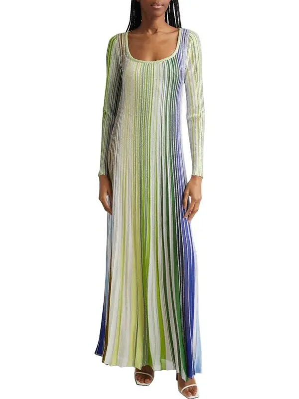 Missoni Metallic Stripe Sequin Long Sleeve Sweater Dress - Green/ White/ Blue