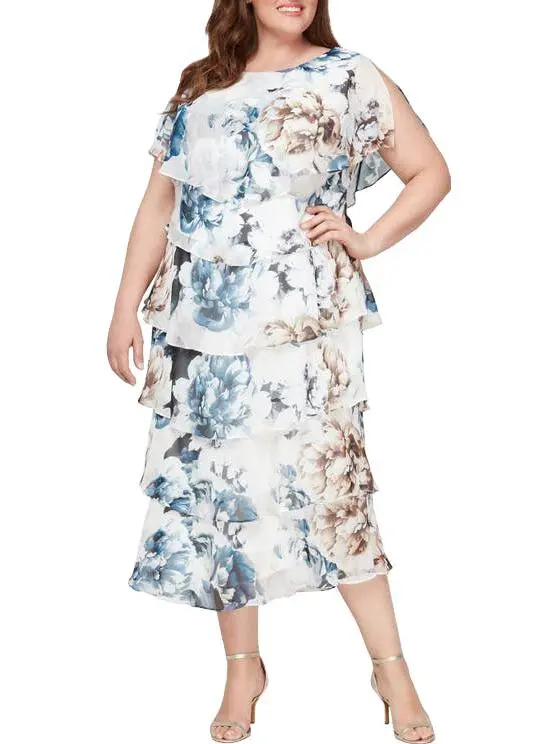 SL FASHIONS Floral Tiered Midi Dress - Ivory Multi