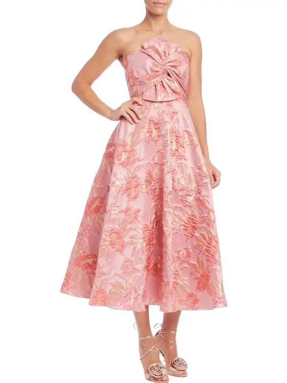 Badgley Mischka Metallic Floral Jacquard Strapless Cocktail Dress - Coral Pink