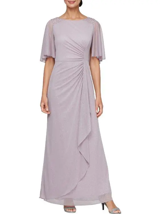 SL FASHIONS Beaded Shimmer Capelet Gown - Mauve