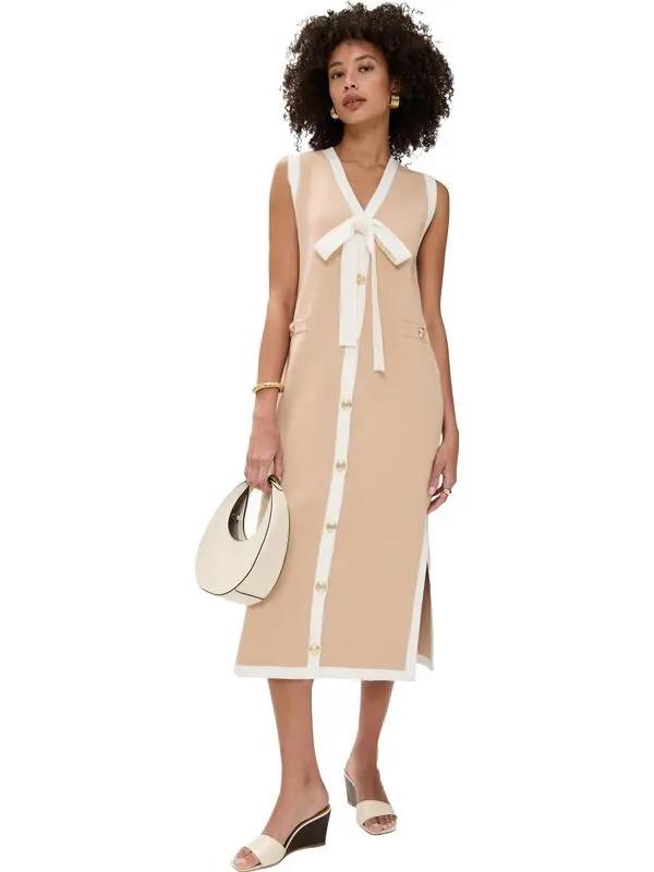 English Factory Knit Midi Dress With Tie Detail - Beige/white