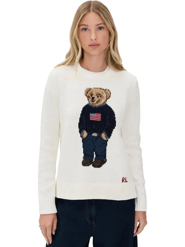 Ralph Lauren American Flag Bear Crewneck Sweater - Deckwash White