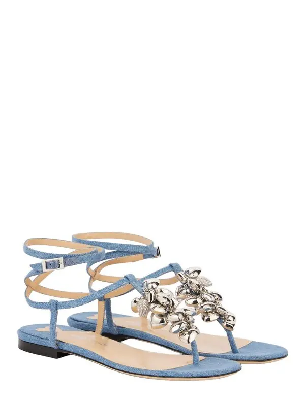 Mach & Mach Puffy Heart Embellished Denim Thong Sandals - Blue