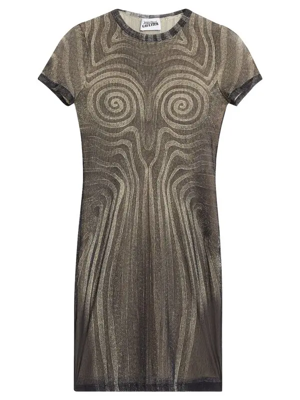 Jean Paul Gaultier Spiral Body Morphing-print Mesh Mini Dress - Blackgreyecru