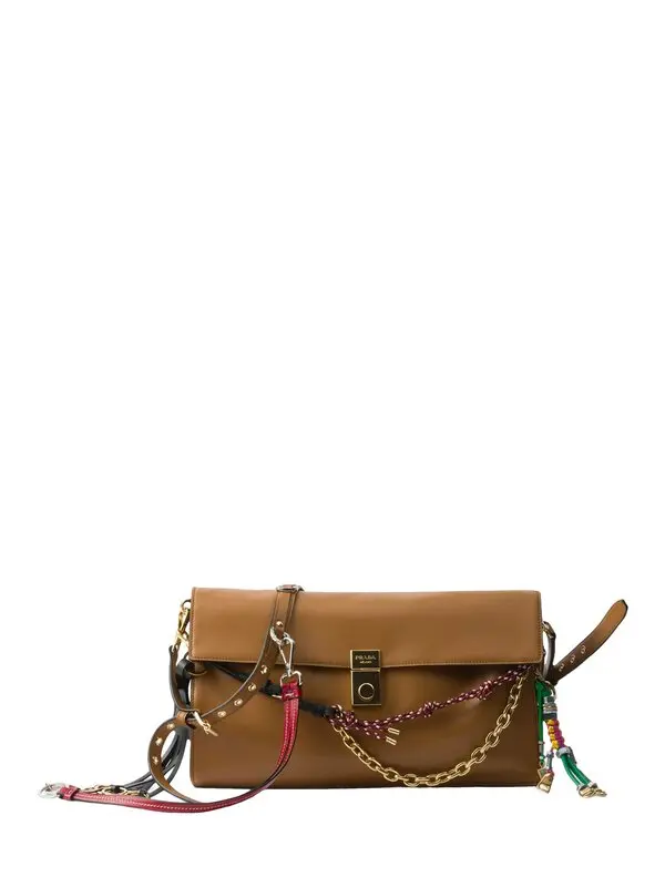 Prada Large Leather Shoulder Bag With Charms - Brown