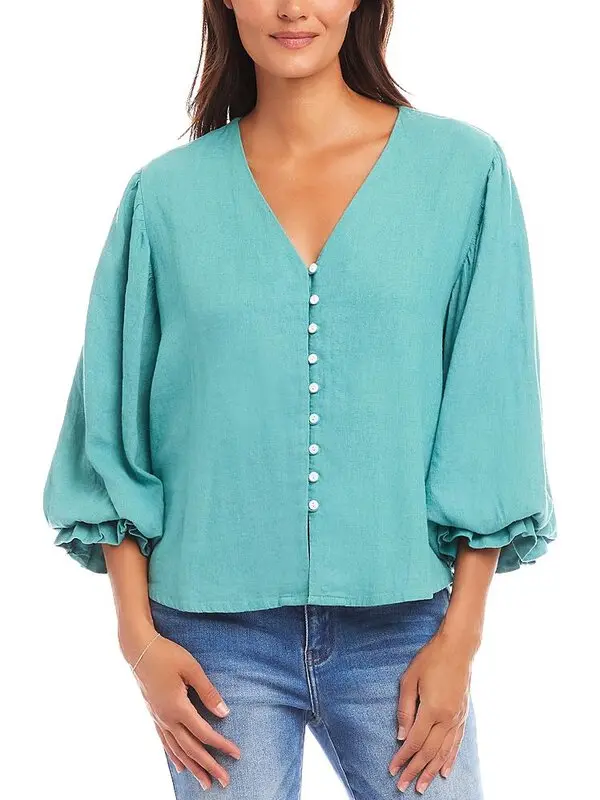 Karen Kane Layered Cuff Shirred Blouse - Aqua