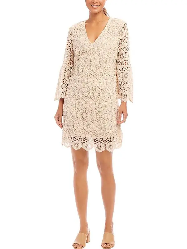Karen Kane Ruffle Sleeve Crochet Dress - Natural