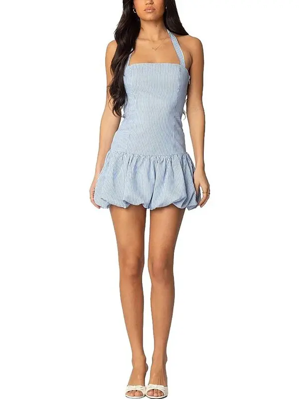 EDIKTED Pinstripe Bubble Mini Dress - Blue And White