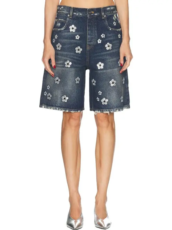 Marc Jacobs Sequin Daisy Wide Leg Denim Shorts - Vintage Indigo