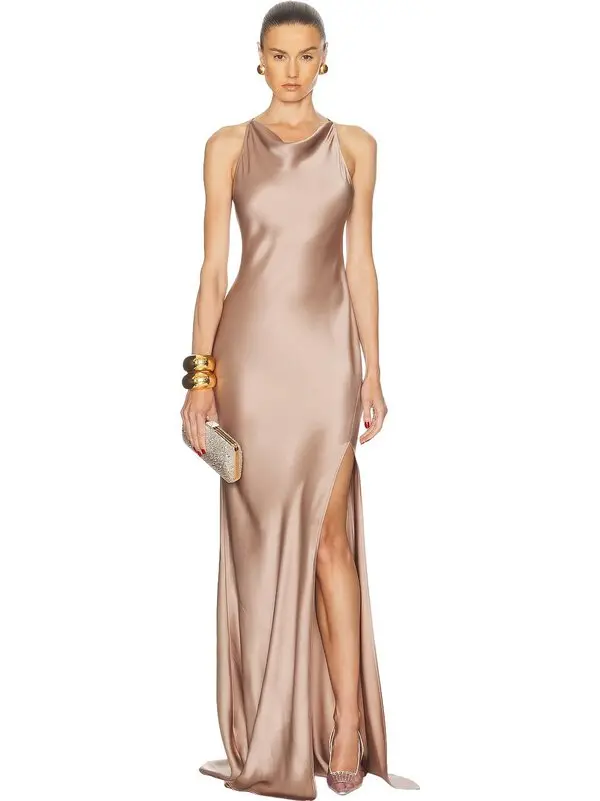 Lapointe Satin Halter Gown - Oat